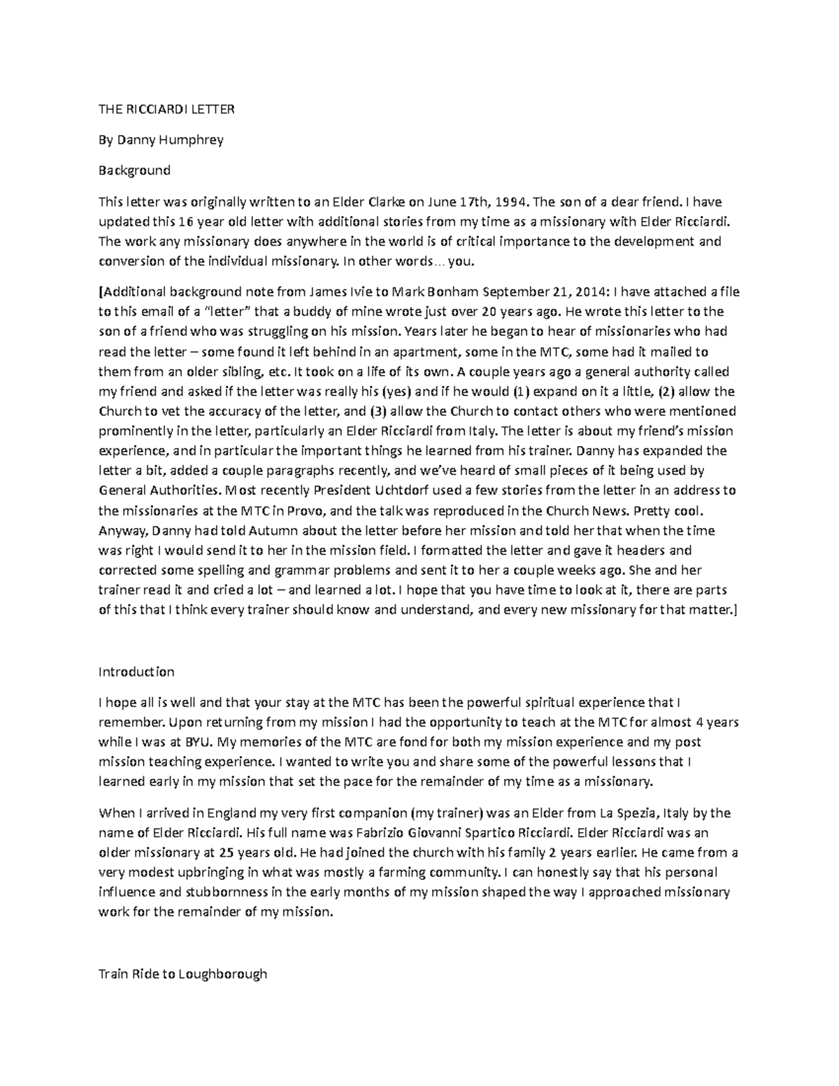 THE Ricciardi Letter - THE RICCIARDI LETTER By Danny Humphrey ...