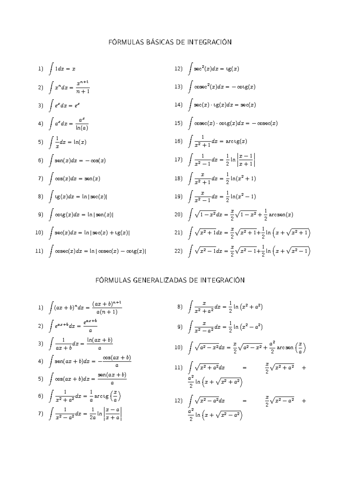 Fórmulas de Integración - FÓRMULAS BÁSICAS DE INTEGRACIÓN 1) ∫ 1 dx = x ...