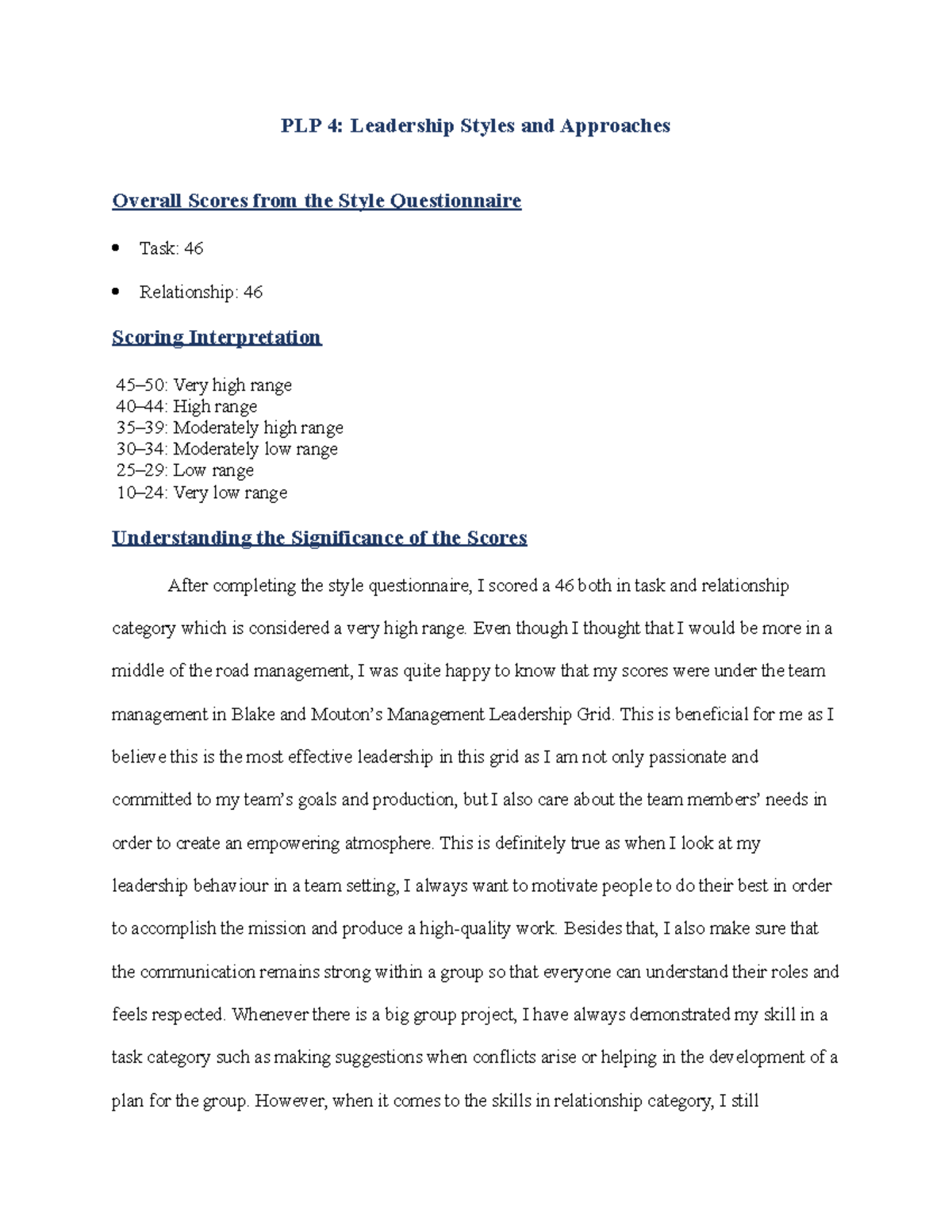PLP 4 - Personal Leadership Portfolio assignment - PLP 4: Leadership ...