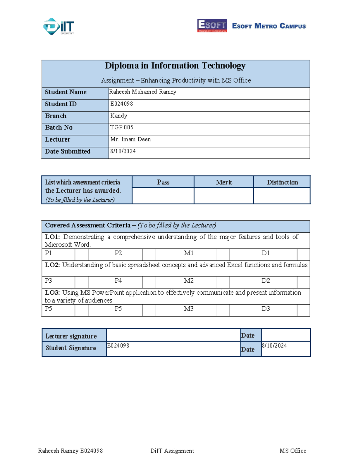 Ms Office Assignment Raheesh Ramzy E024098 - Diploma in Information ...