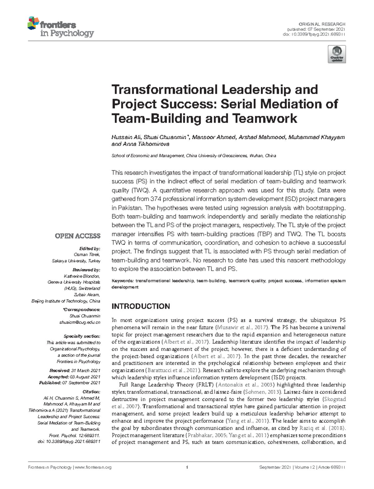 Model 3 - structure - ORIGINAL RESEARCH published: 07 September 2021 ...