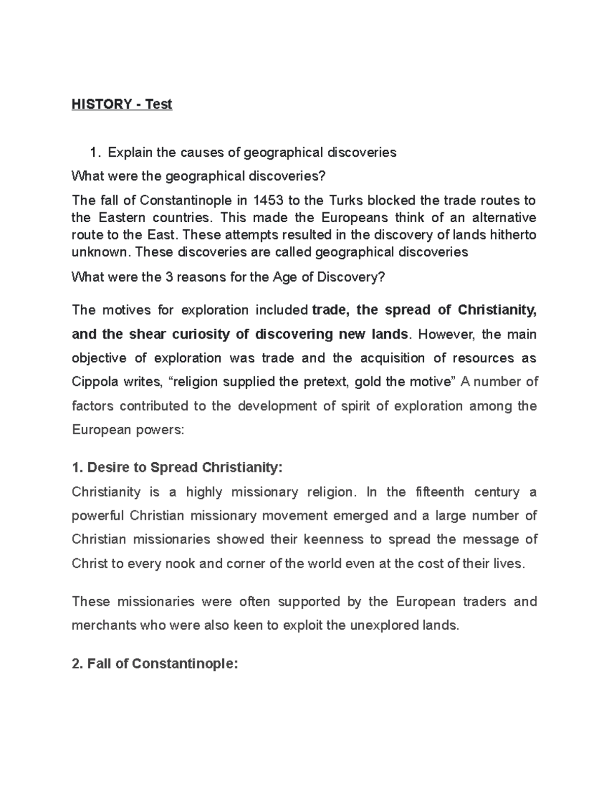 History - notes - HISTORY - Test Explain the causes of geographical ...