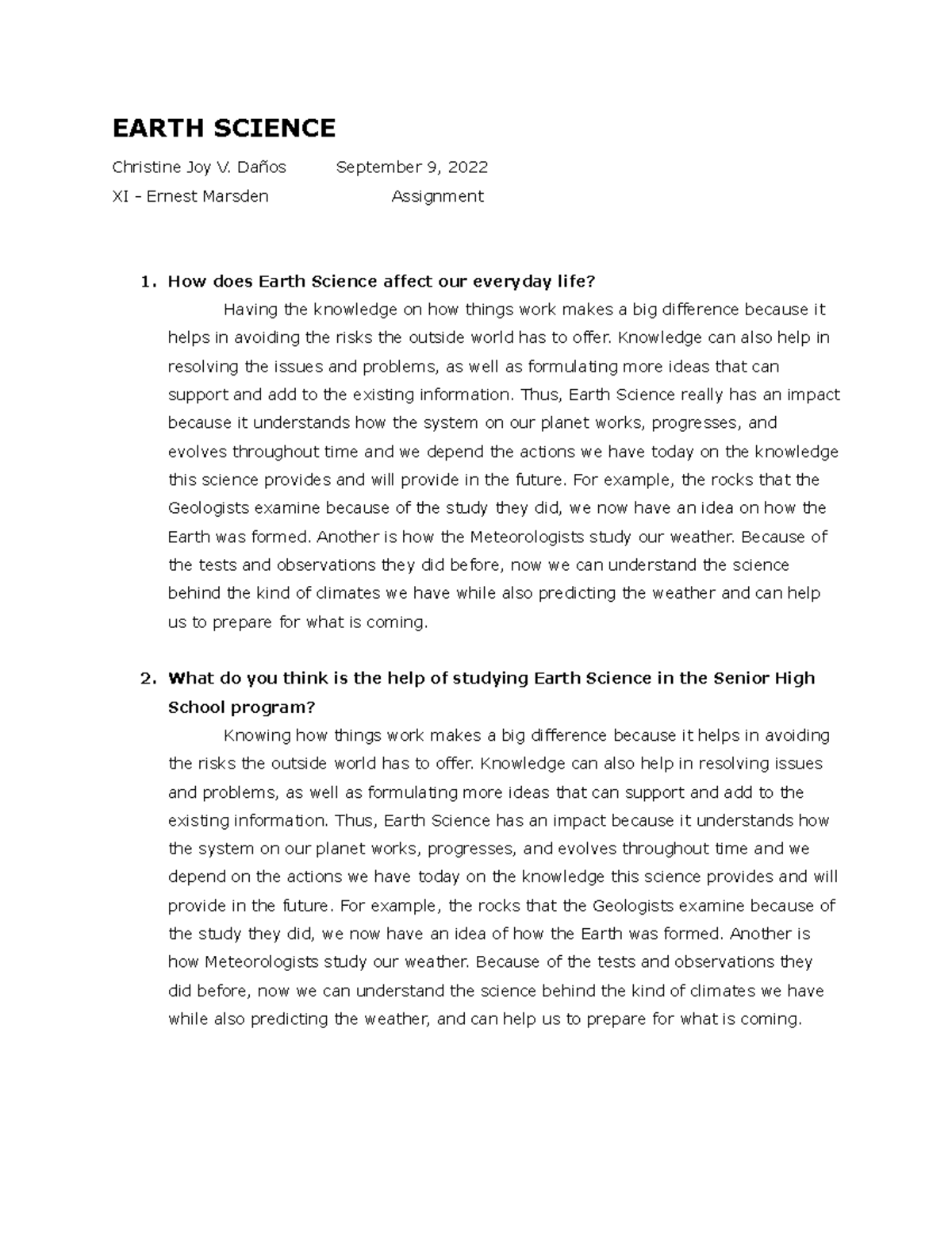 Danos Earth Science assignment - EARTH SCIENCE Christine Joy V. Daños ...