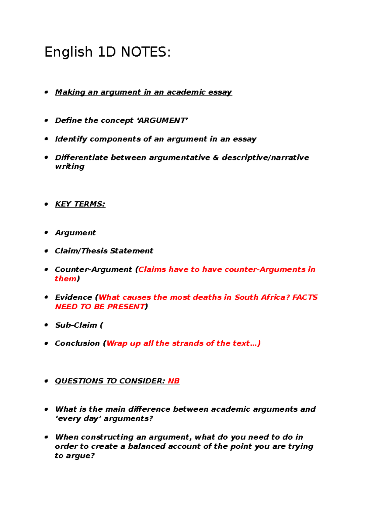 English 1D Notes - English 1D NOTES: Making an argument in an academic ...