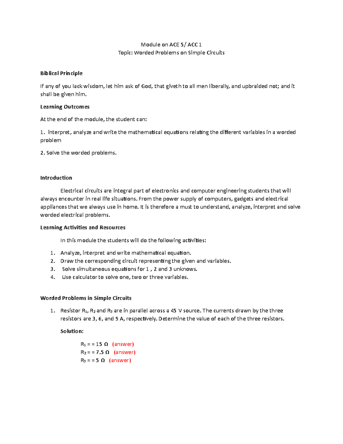Worded Problems on Simple Circuits - Module on ACE 5/ ACC 1 Topic ...