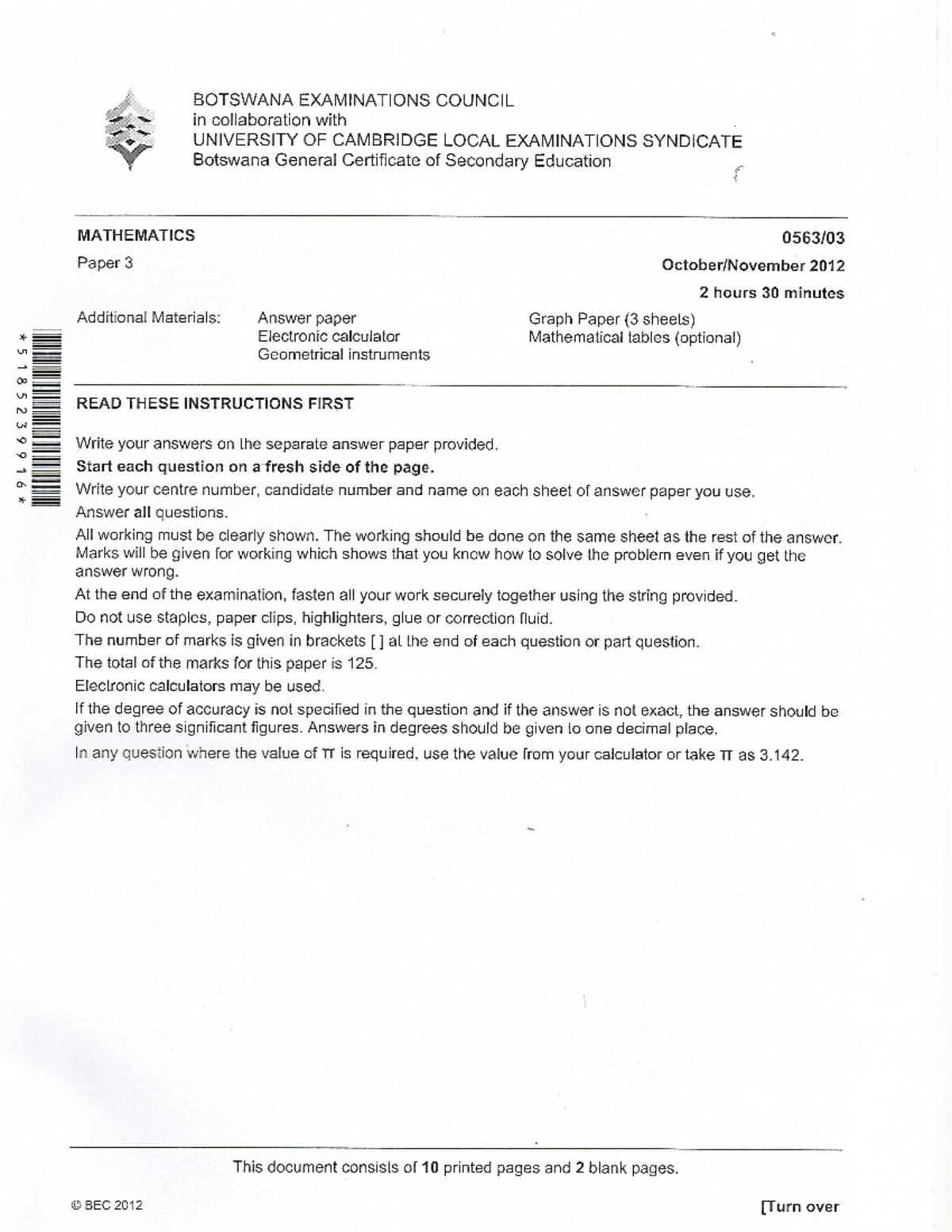 Maths 2012 Paper 3 - mathematics - Studocu
