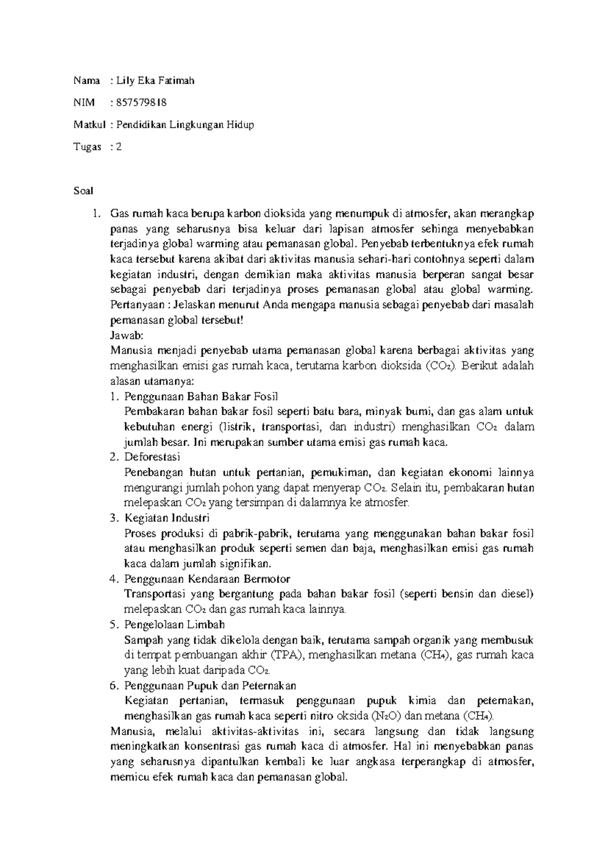 Tugas 2 Lingkungan Hidup Lily Eka Fatimah 857579818 - Nama : Lily Eka ...