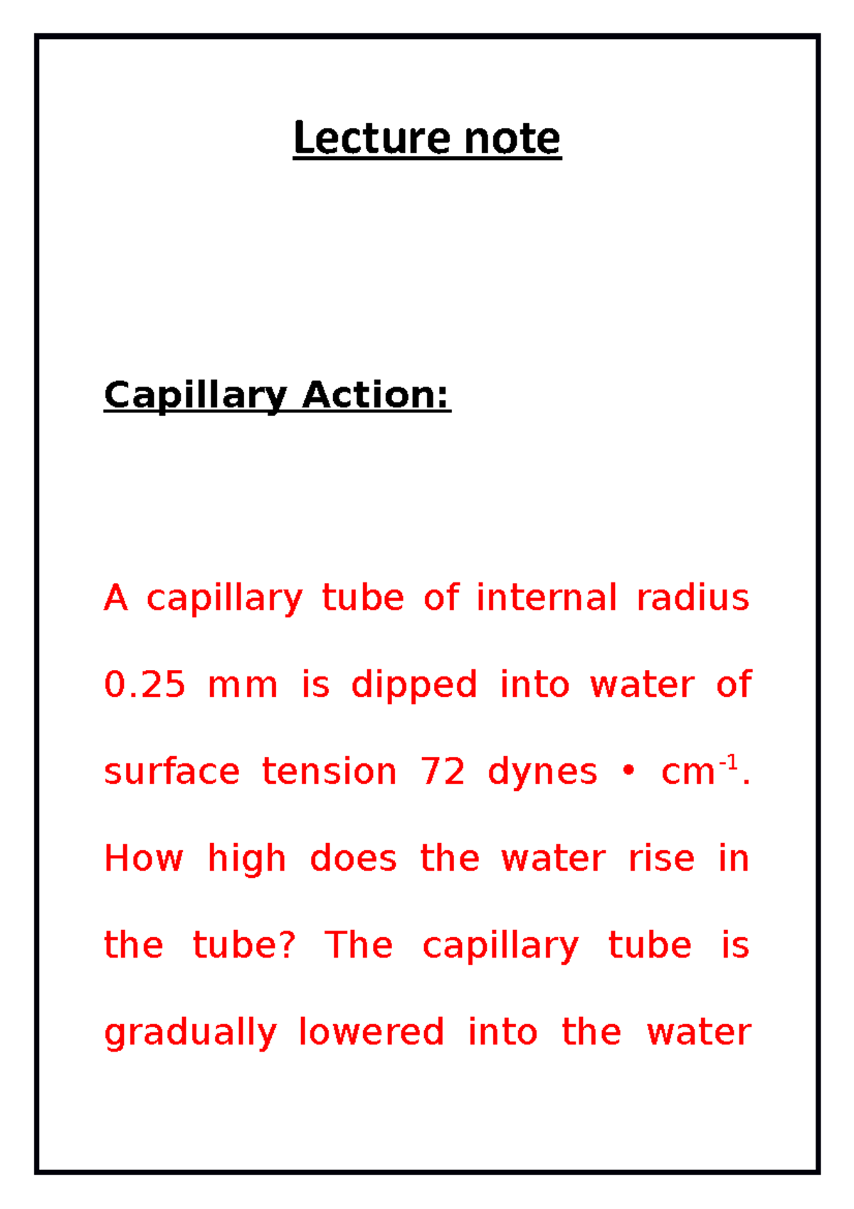 Lecture note of Capillary Action - Lecture note Capillary Action: A ...