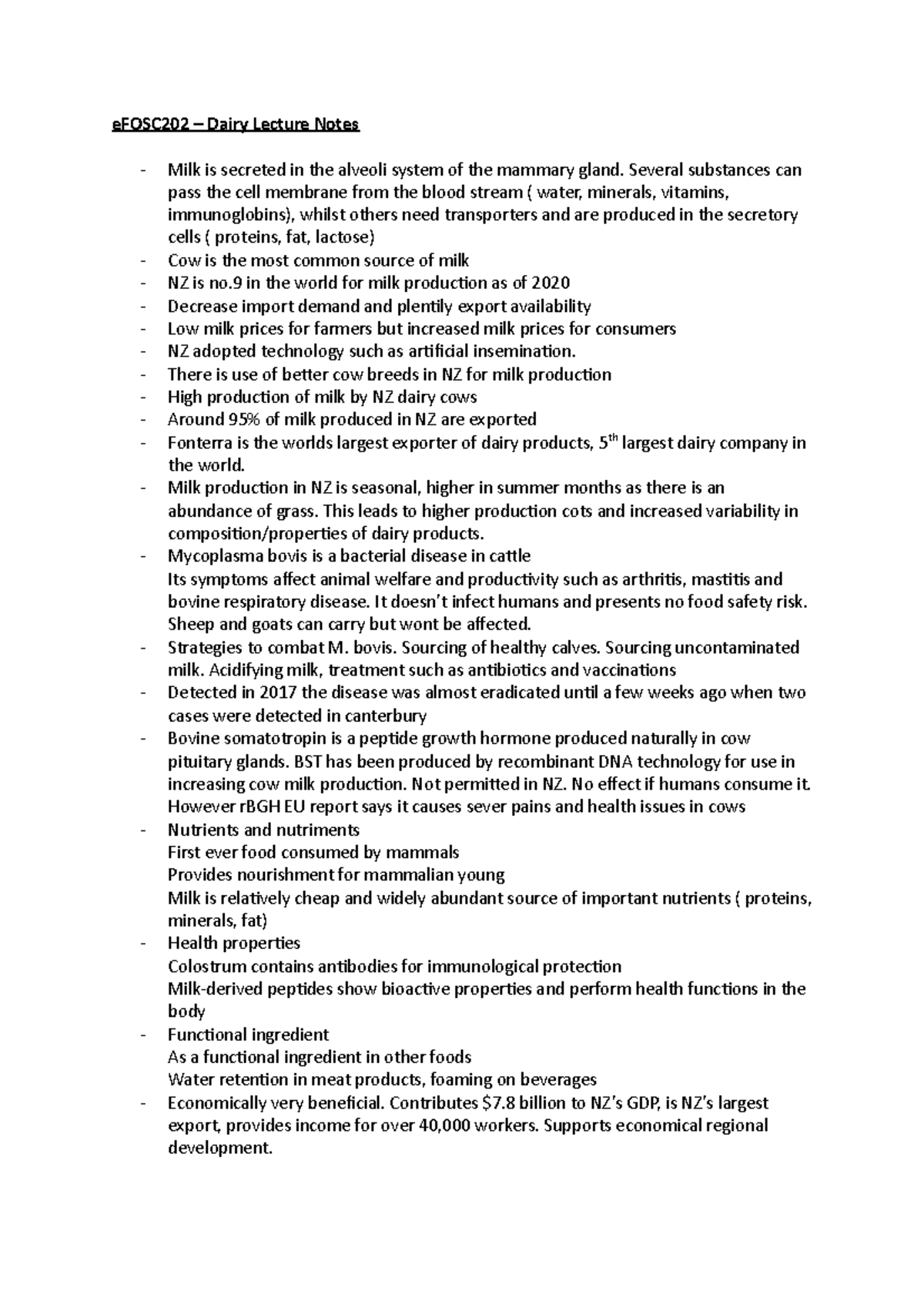 FOSC202 Dairy Notes - eFOSC202 – Dairy Lecture Notes Milk is secreted ...