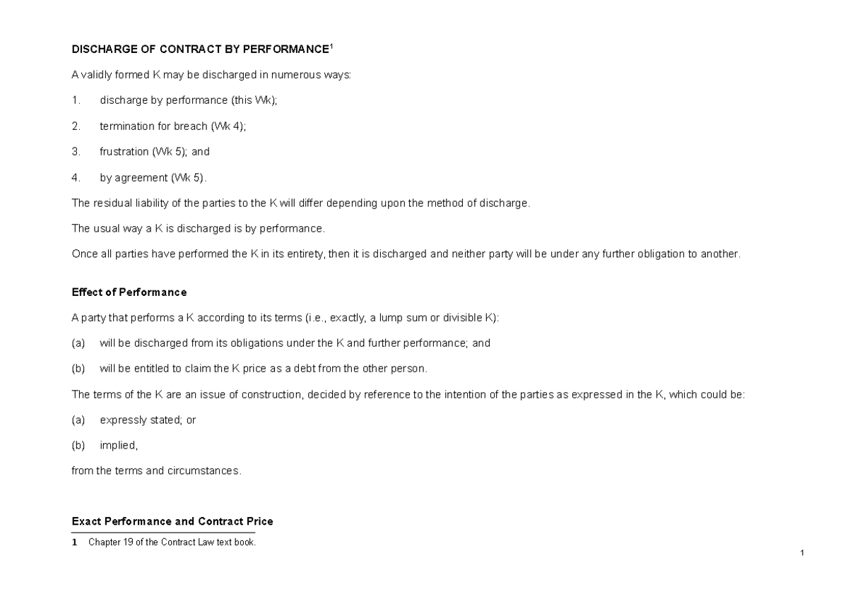 Tutorial Wk 3 Student Notes Discharge by Performance - DISCHARGE OF ...