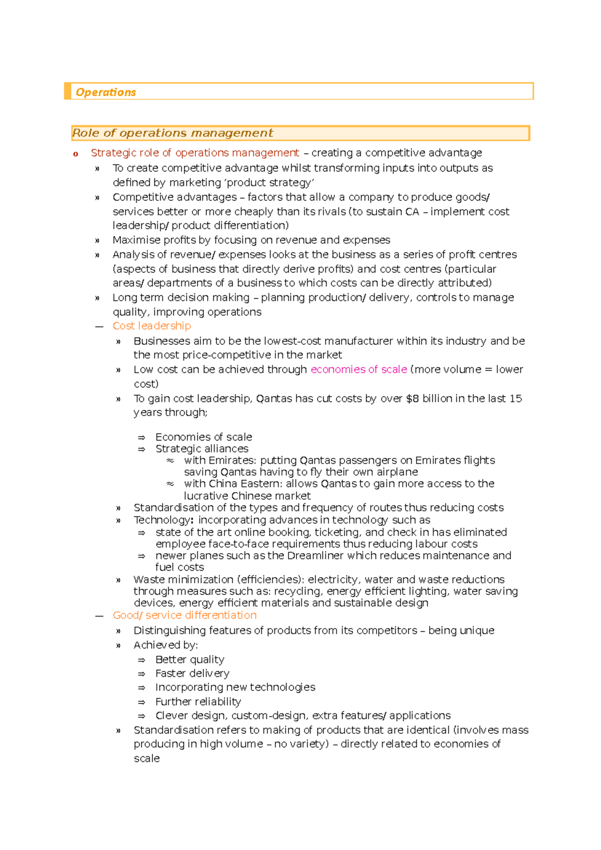 OPS HSC Notes - Operations Role of operations management o Strategic ...