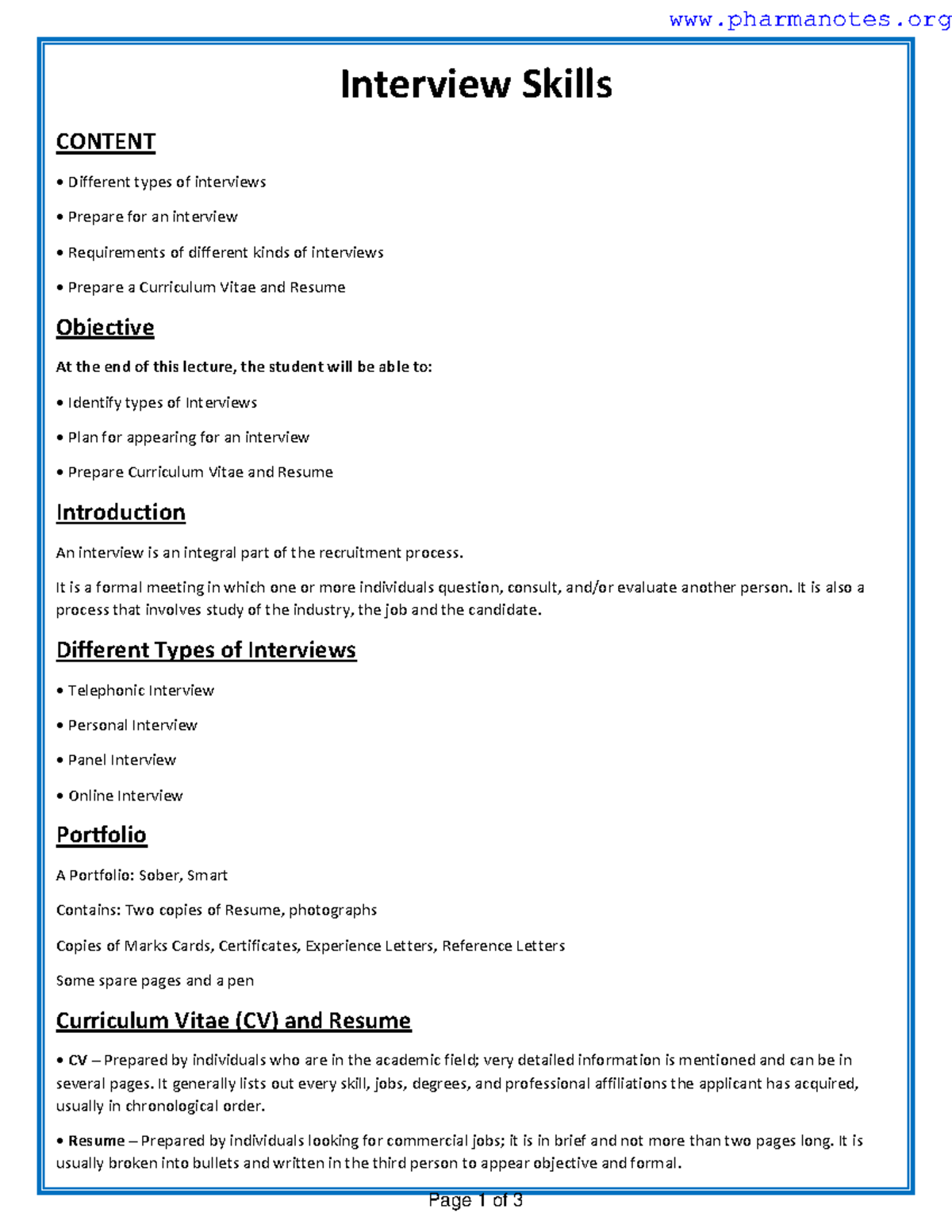 Interview skills - Interview Skills CONTENT Different types of ...