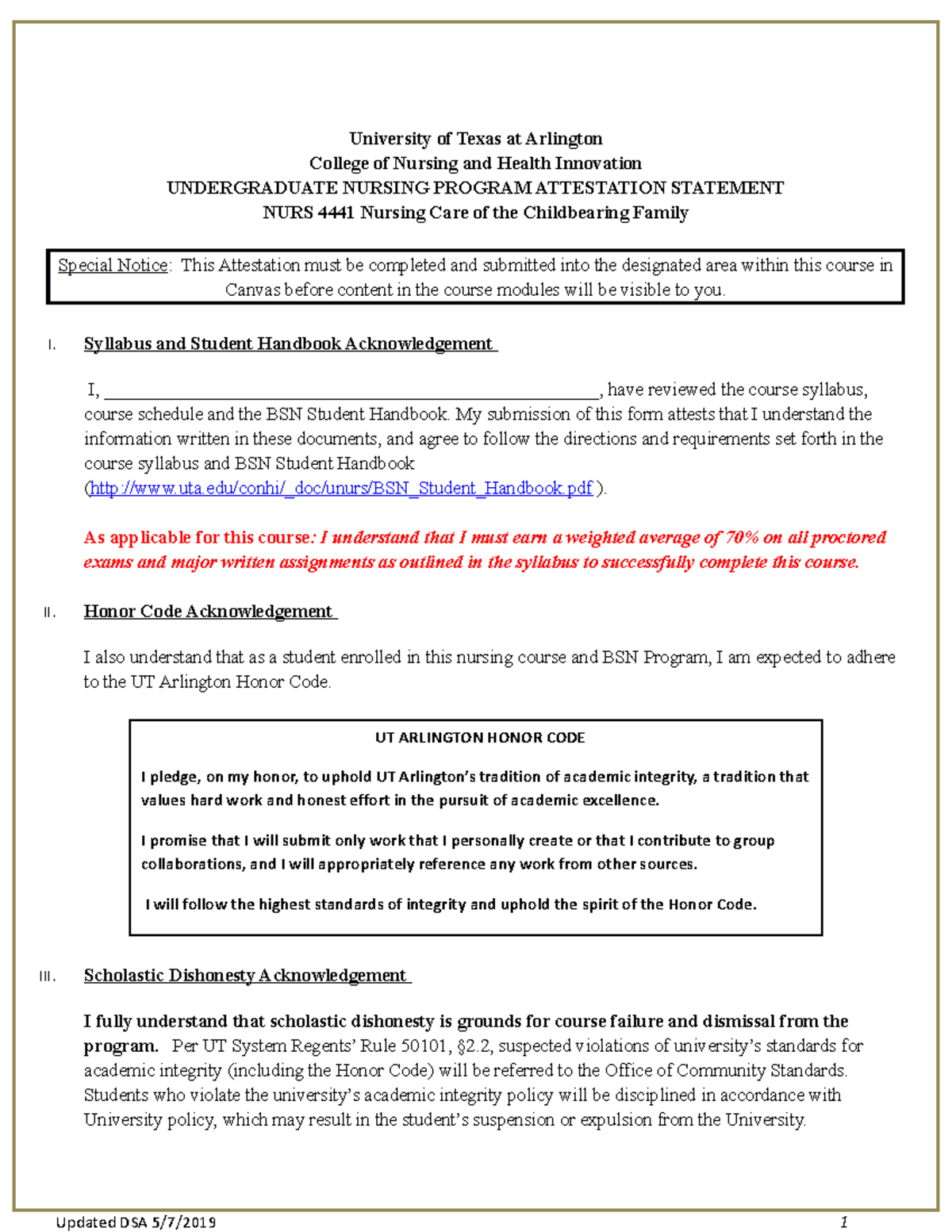 Attestation form - notes - University of Texas at Arlington College of ...