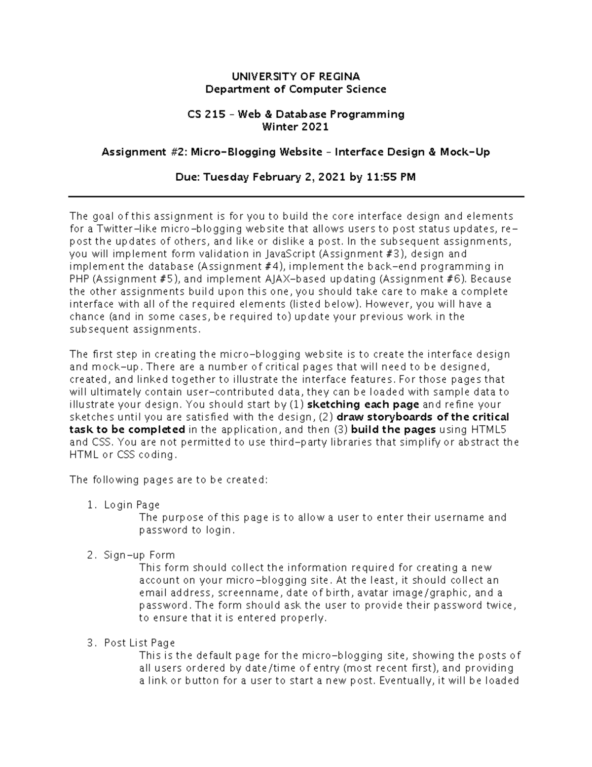 CS215-a2 - Assignment for students - UNIVERSITY OF REGINA Department of ...