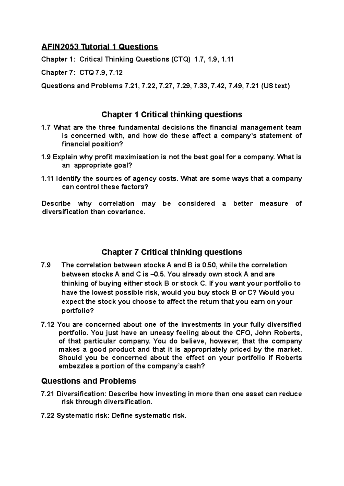 AFIN253 Week 1 Q and A - q&a - AFIN2053 Tutorial 1 Questions Chapter 1 ...