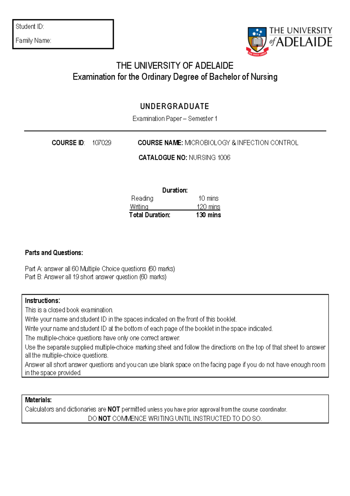 Practice Exam Paper - Page 1 of 19 pages THE UNIVERSITY OF ADELAIDE ...