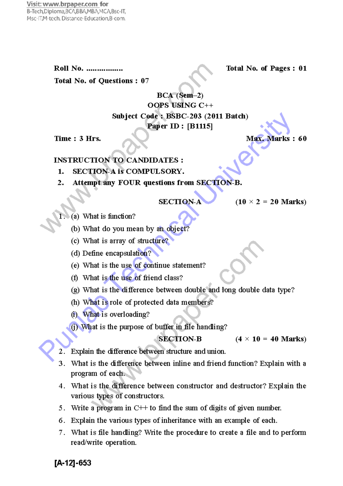 Oops(2nd) May12 - Punjab Technical University [A-12]- Roll No ...