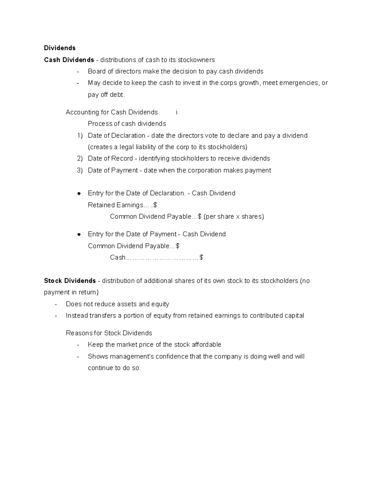 Dividends Notes - Dividends Cash Dividends - distributions of cash to ...