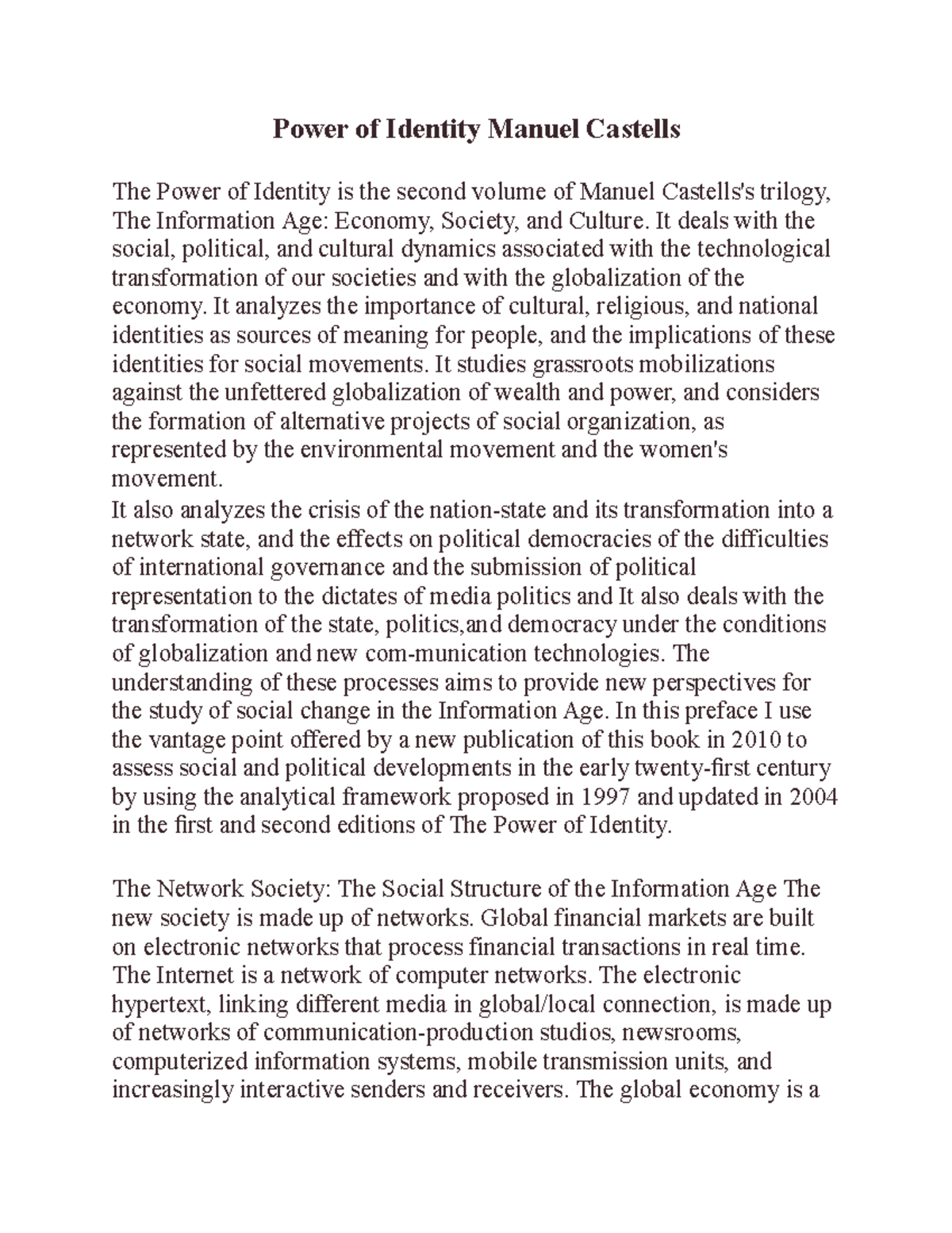 Manuel Castells - Study material - Power of Identity Manuel Castells ...