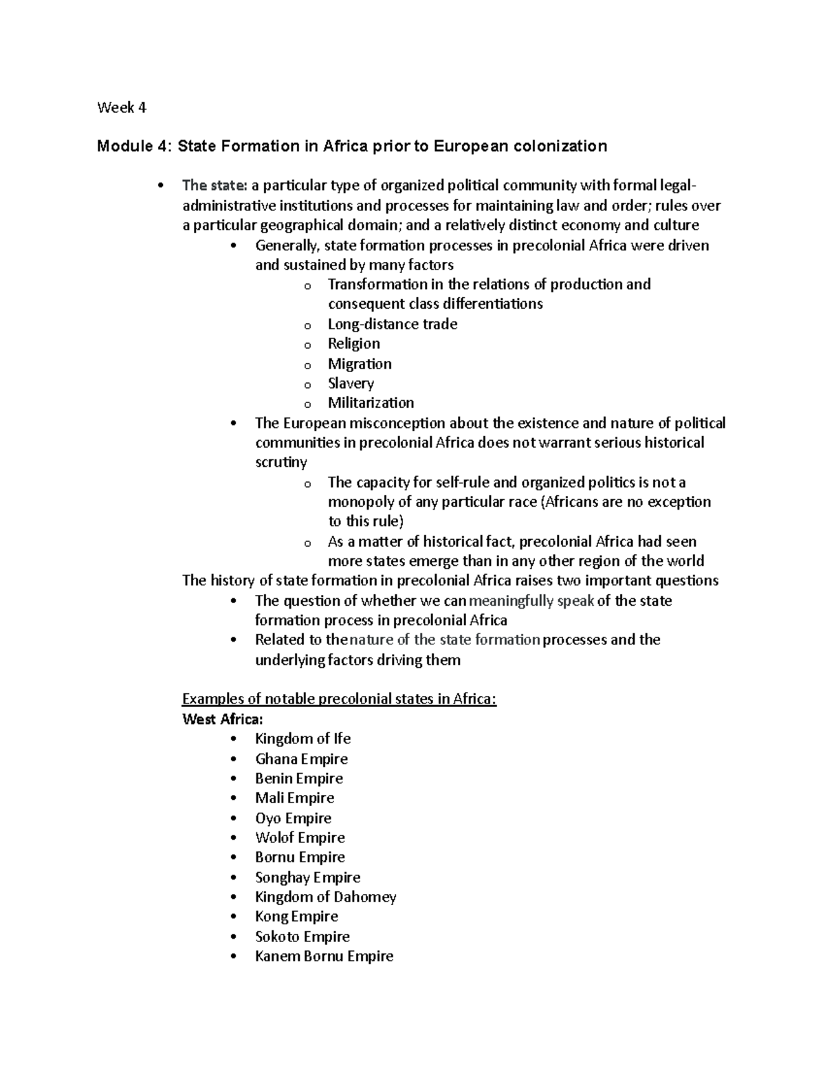 Week 4 - Week 4 module 4 - Week 4 Module 4: State Formation in Africa ...
