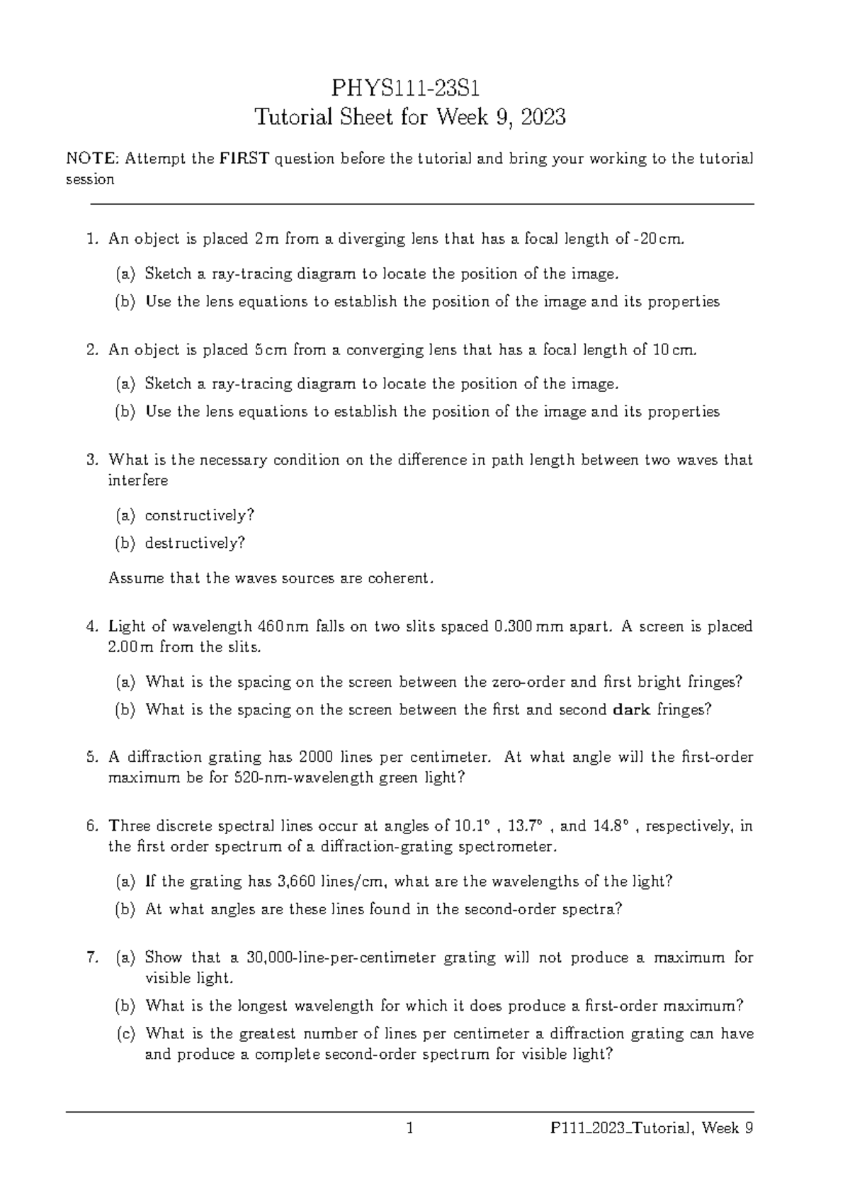 P111 2023 Week9Tut Questions - PHYS111-23S Tutorial Sheet for Week 9, 2023 NOTE: Attempt the ...