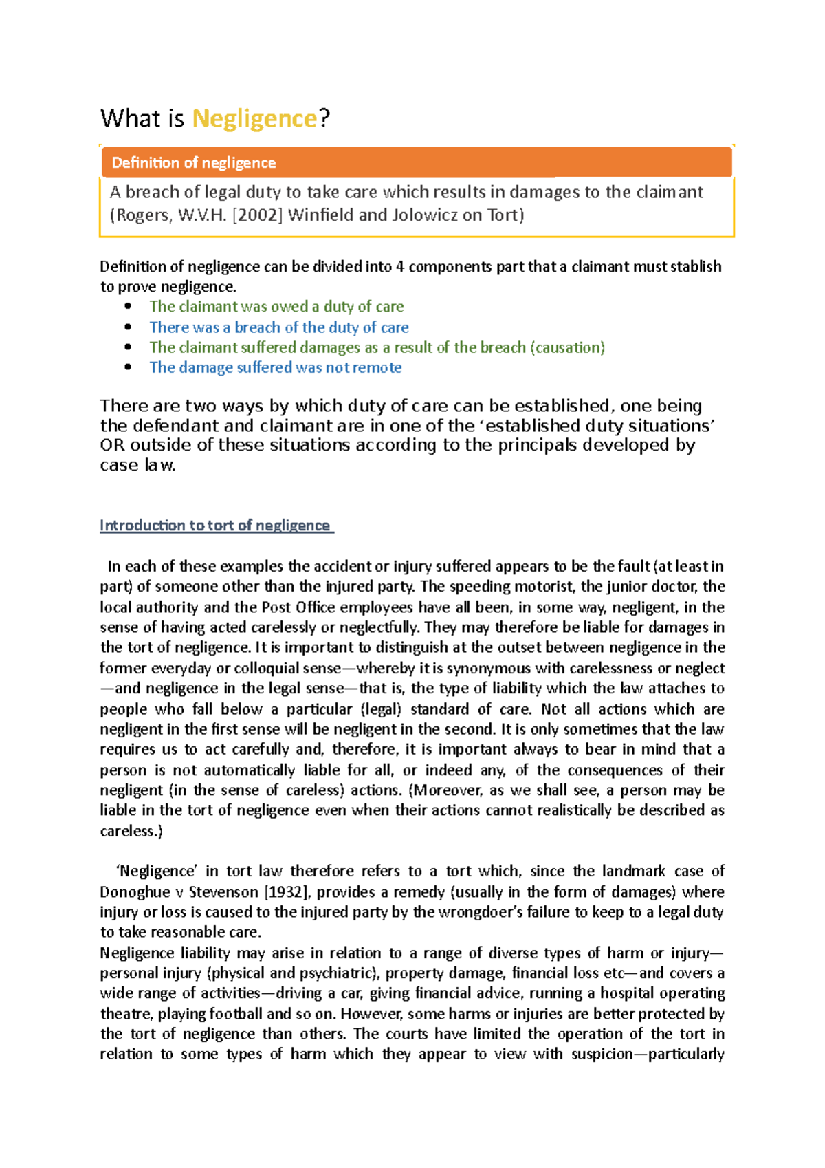 Note 1 - Lecture notes 1 - What is Negligence? Definition of negligence ...