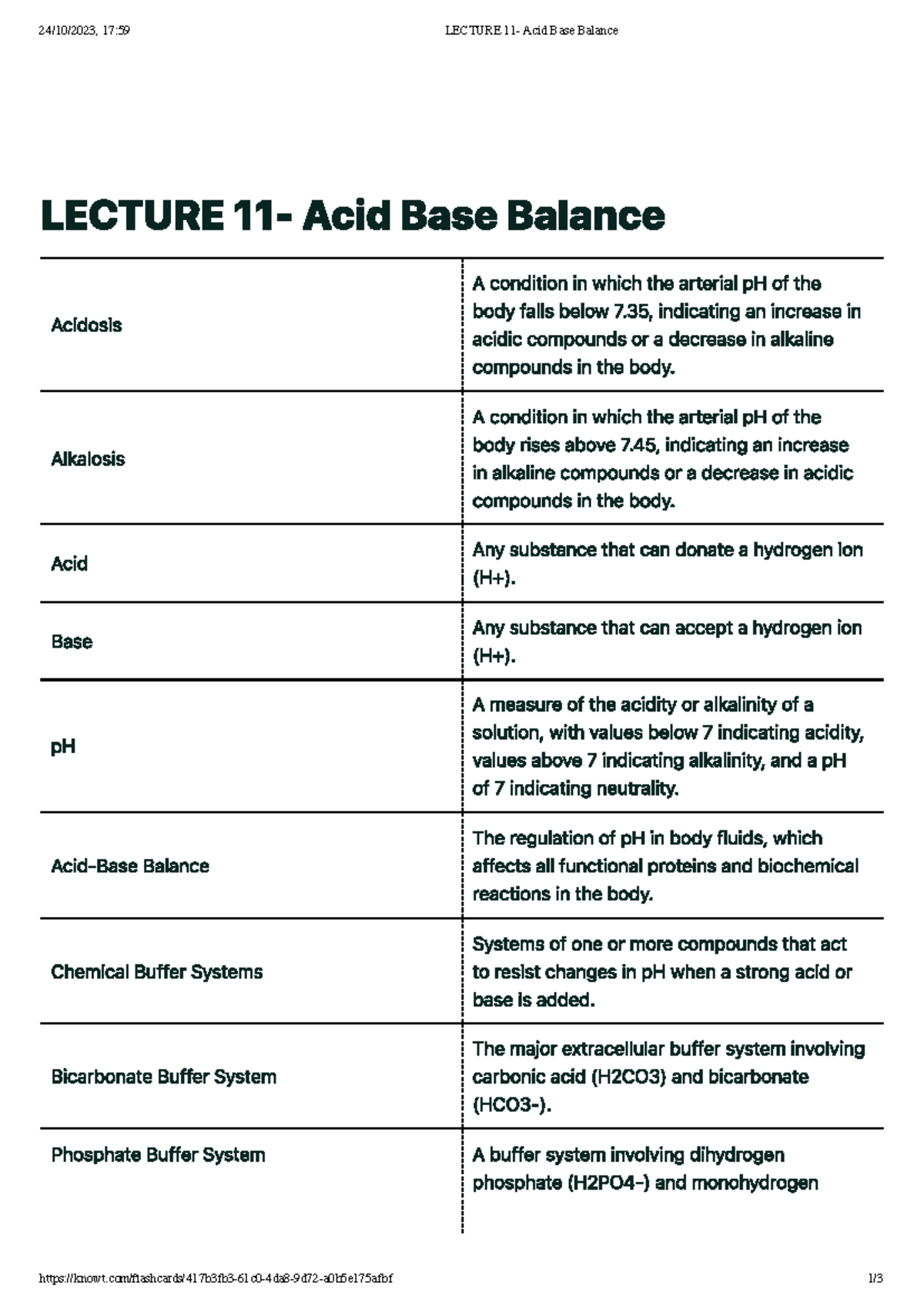 Lecture 11- Acid Base Balance - 400868 - 24 / 10 / 2023 , 17 : 59 ...