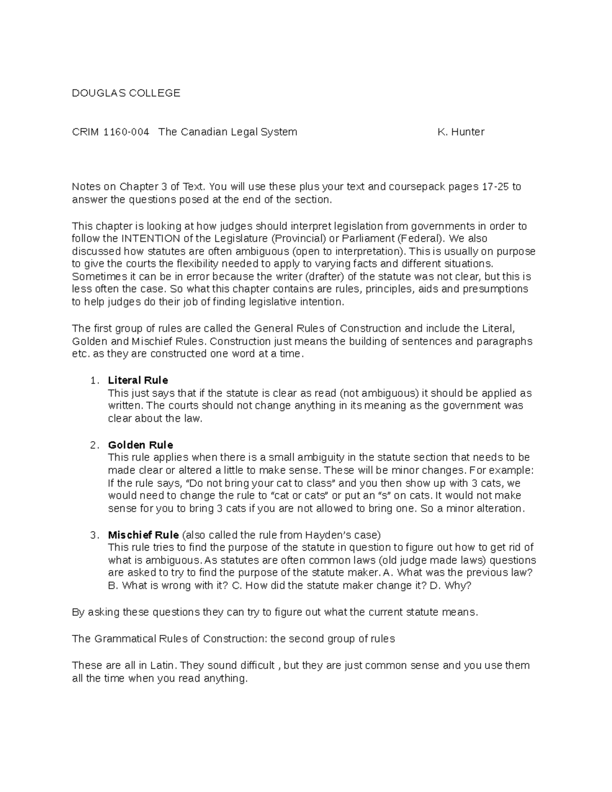 Crim 1160 Course Notes Chapter 3 - DOUGLAS COLLEGE CRIM 1160-004 The ...