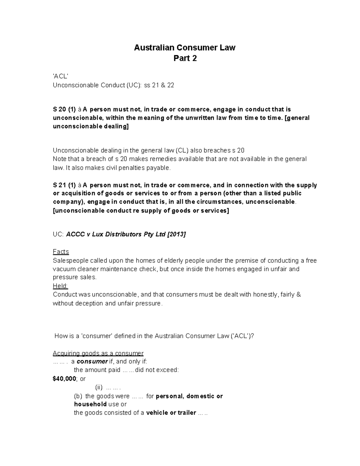Australian Consumer Law 2 - Australian Consumer Law Part 2 ‘ACL ...