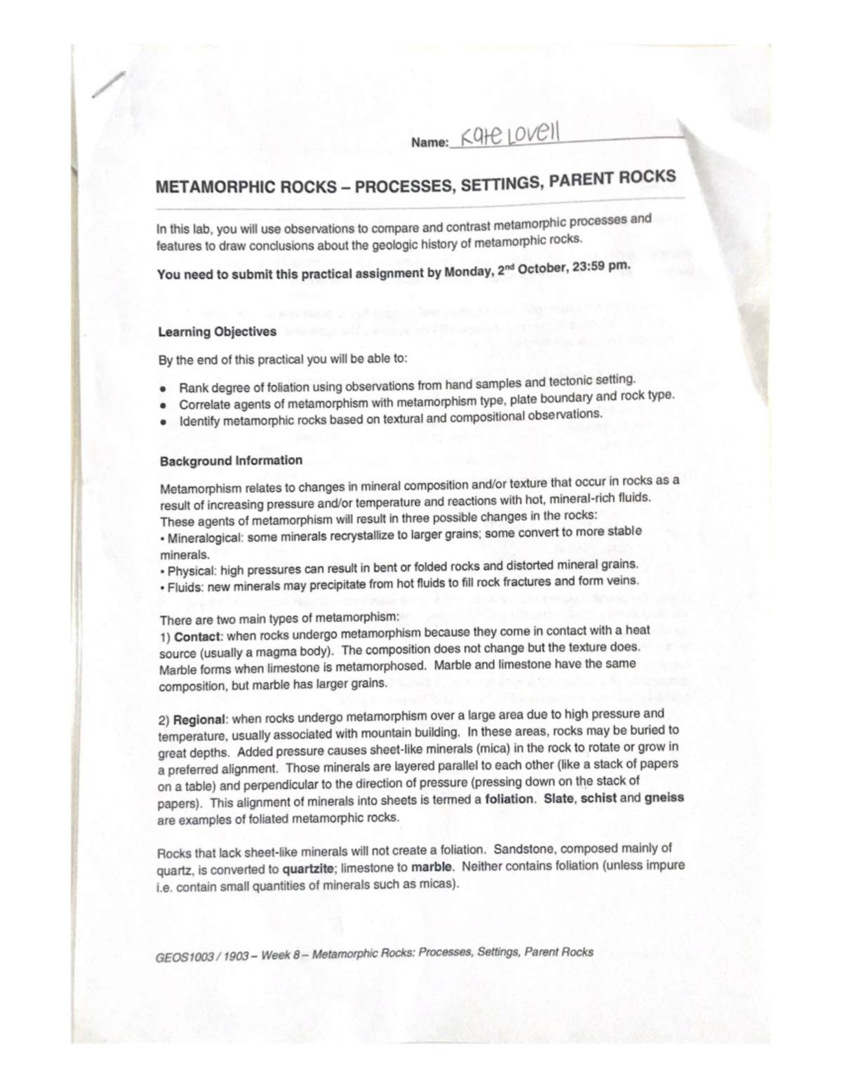 Metamorphic Rocks - Processes, Settings, Parent Rocks 2 - GEOS1001 ...