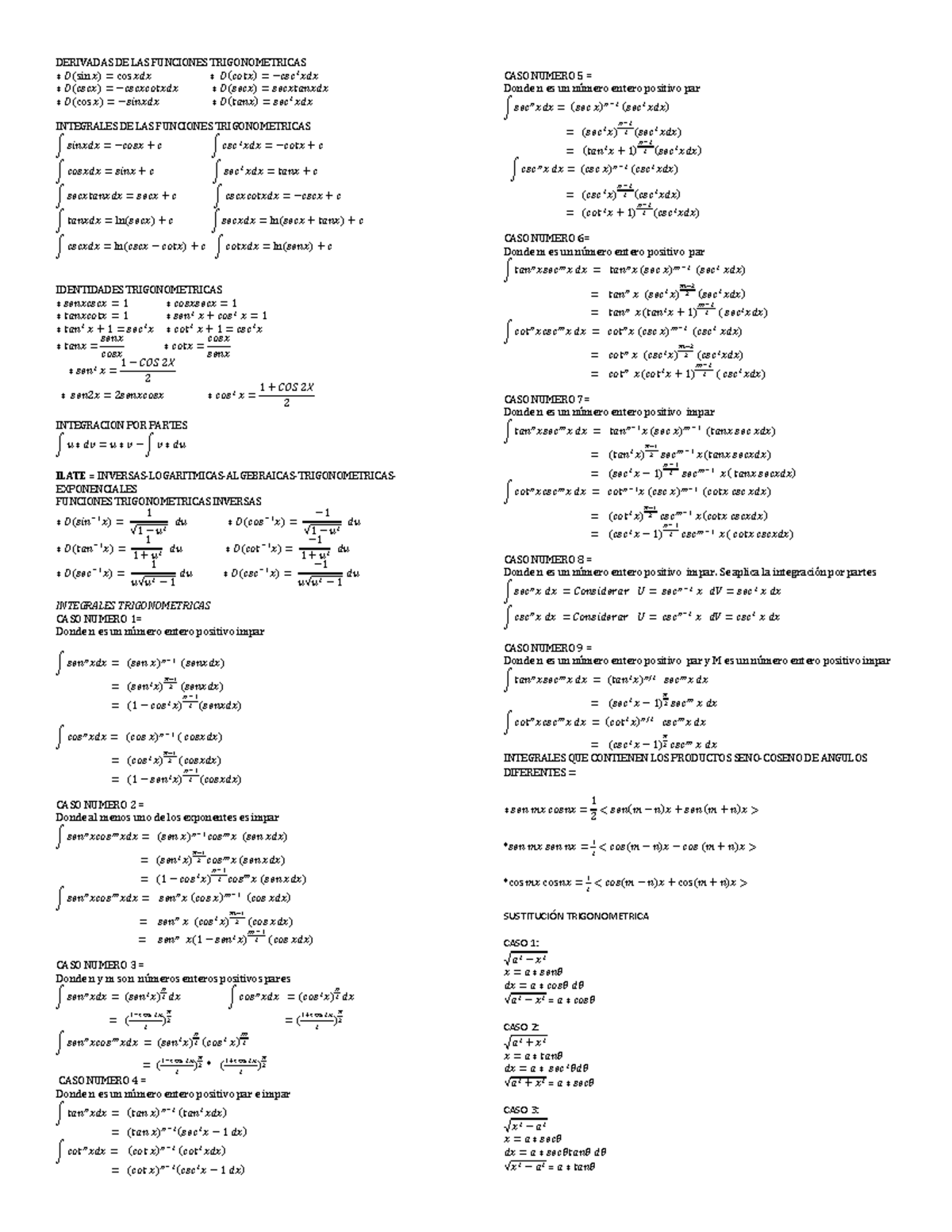Formulas DE Calculo Integral Parcial I - DERIVADAS DE LAS FUNCIONES ...