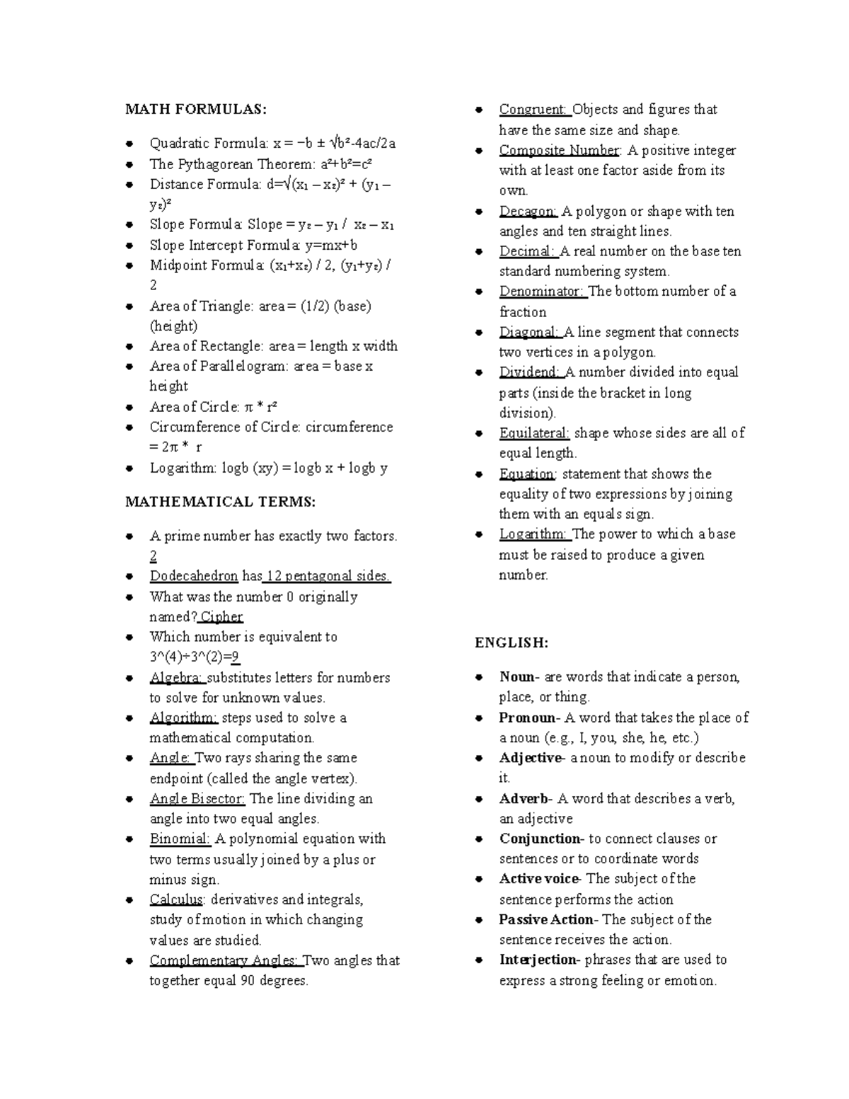 Entrance EXAM Reviewer - MATH FORMULAS: Quadratic Formula: x = −b ± √b² ...