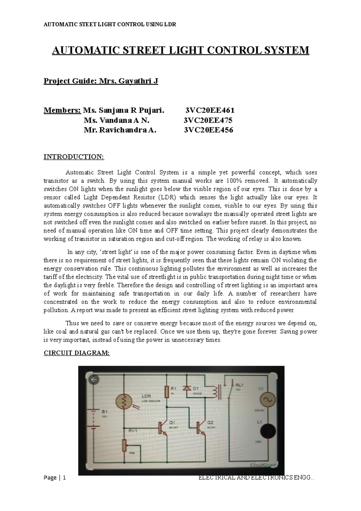 Final- LDRstr ee tlight - AUTOMATIC STREET LIGHT CONTROL SYSTEM Project ...
