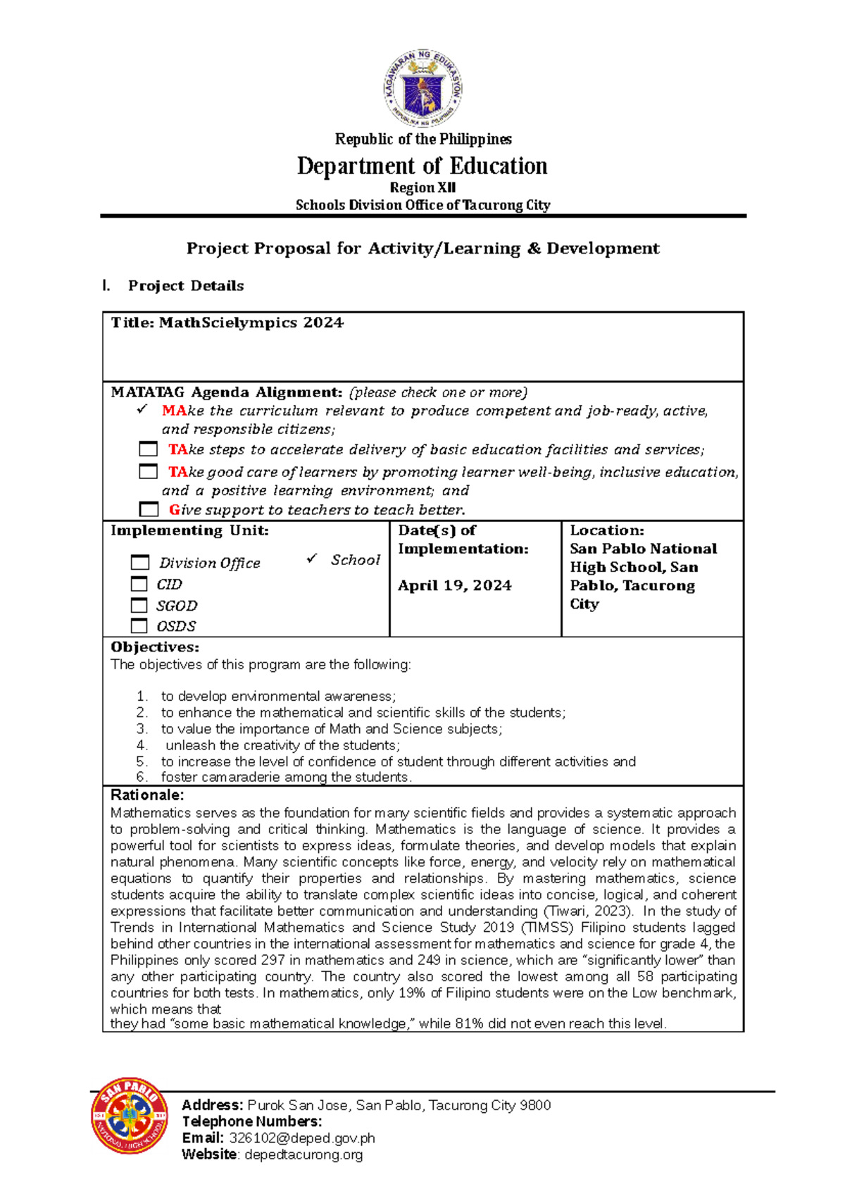 MATH- Scielympics PPA 2024 - Project Proposal for Activity/Learning ...