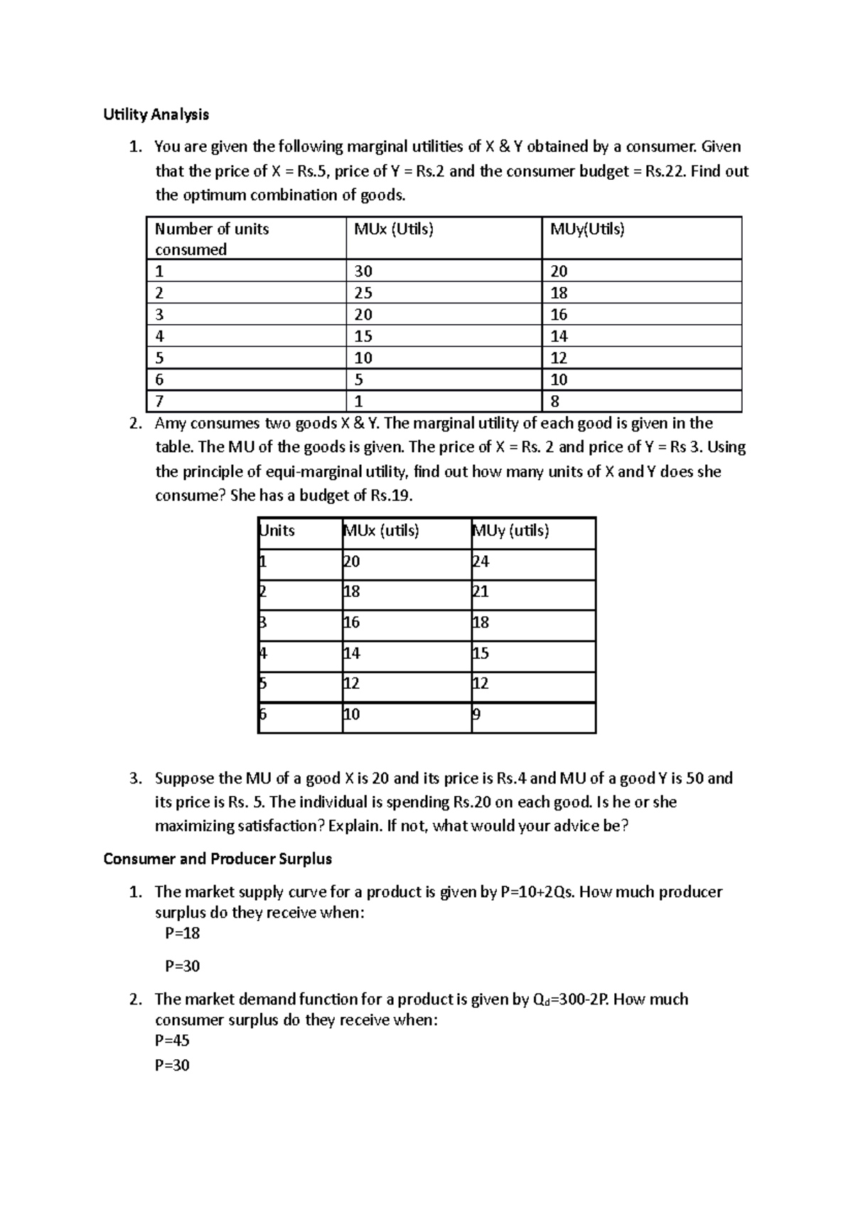 Worksheet on Consumer Behaviour - Utility Analysis You are given the ...