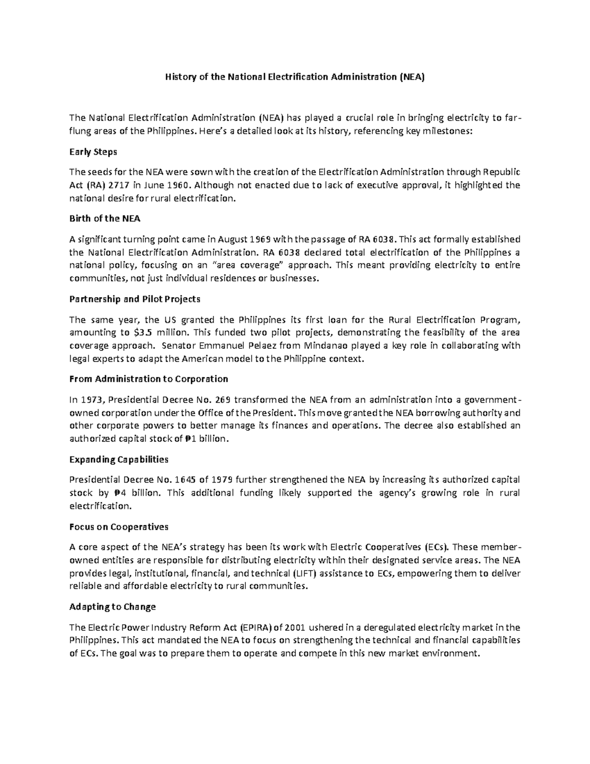 Basinang NEA - NEA - History of the National Electrification ...