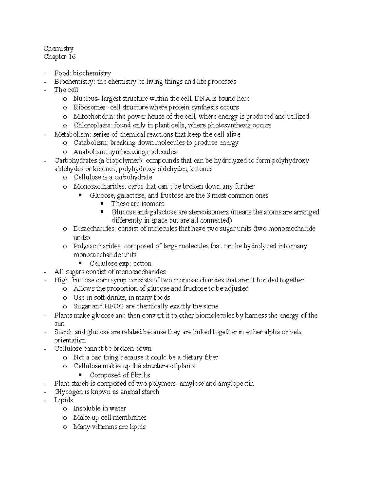 Chemistry notes - Chemistry Chapter 16 Food: biochemistry Biochemistry ...