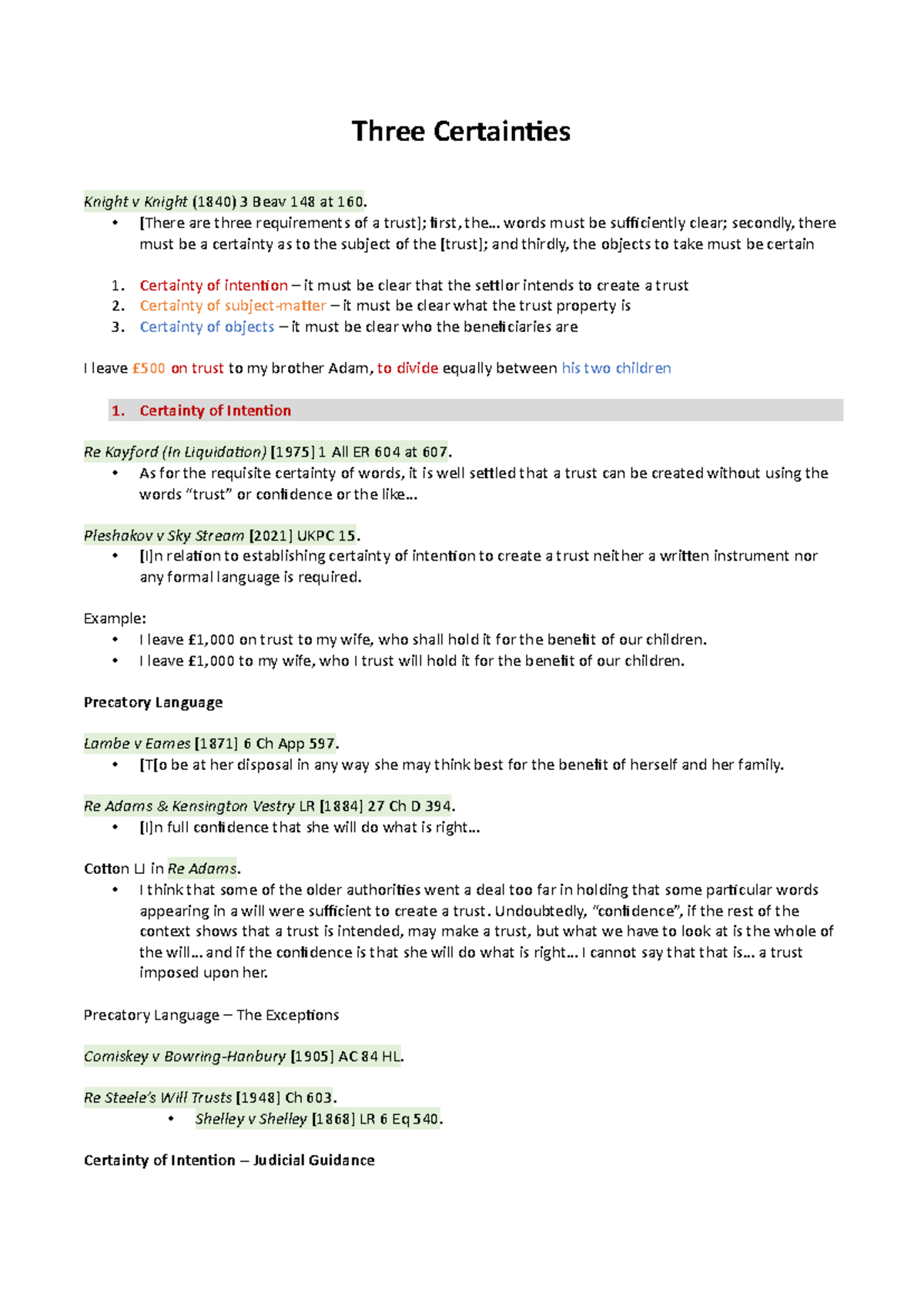 🟣. Three Certainties - Notes - Three Certainties Knight v Knight (1840 ...