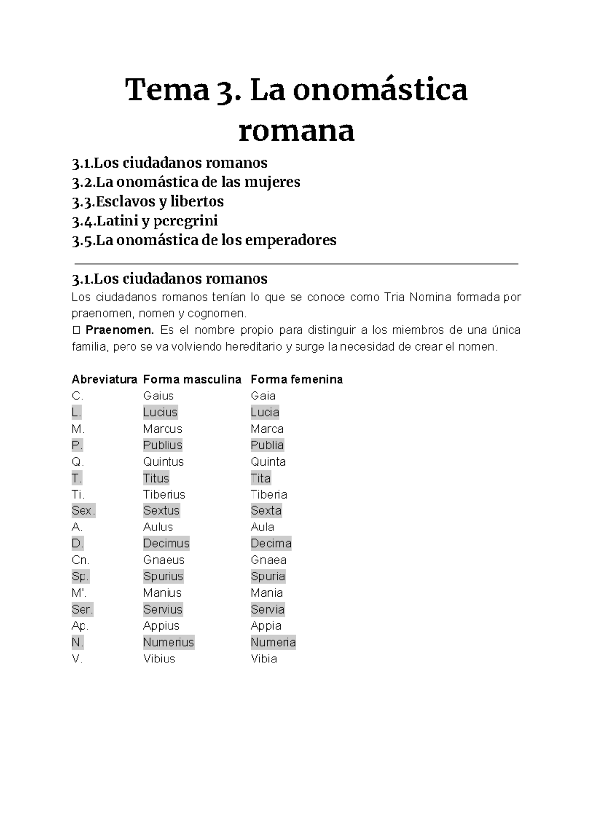 Tema 3 - Apuntes Epigrafia - Tema 3. La onomástica romana 3.1 ...