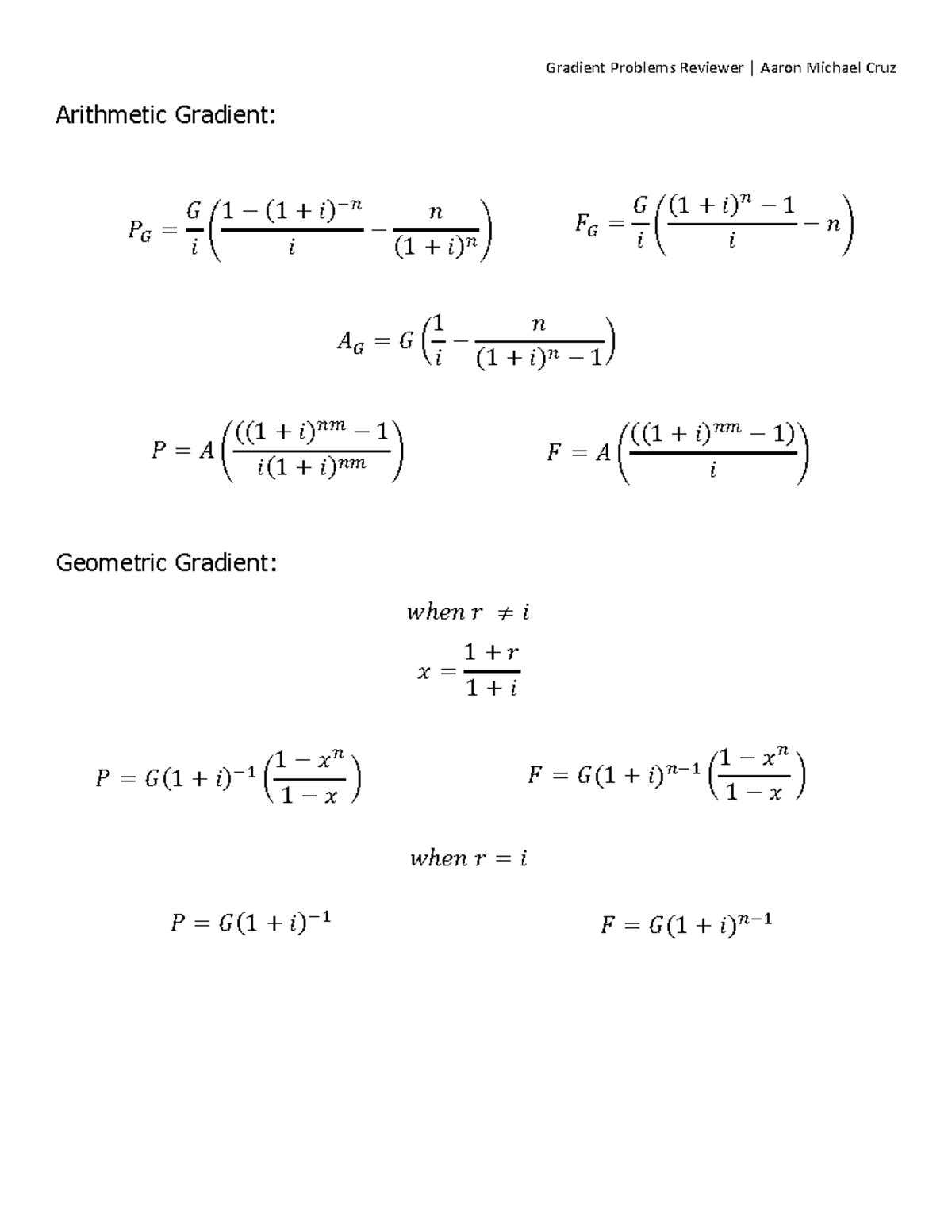 Gradient Problems - Arithmetic Gradient: Geometric Gradient: 𝐴𝐺 = 𝐺 ( 𝑖 ...