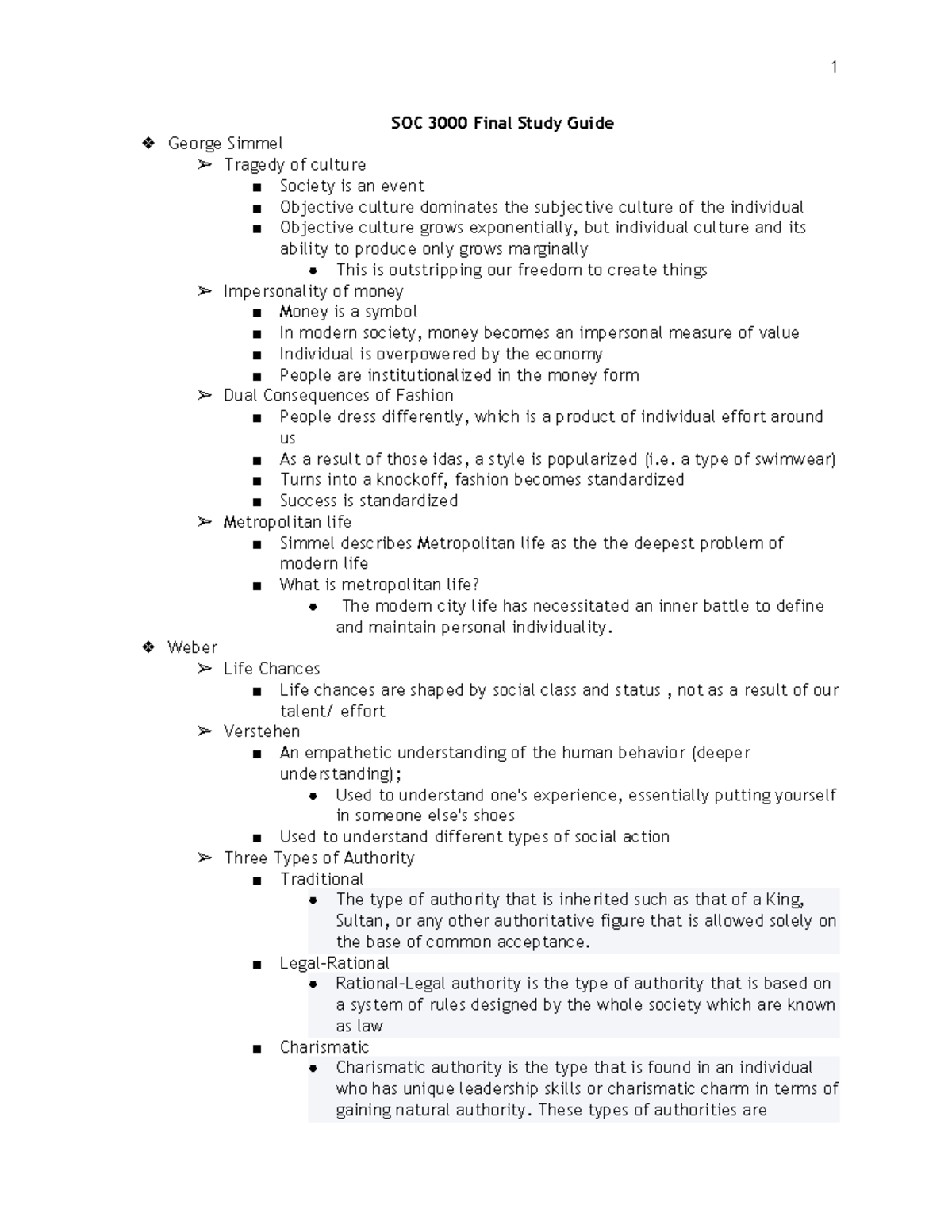 SOC Theory Final Study Guide - SOC 3000 Final Study Guide George Simmel ...
