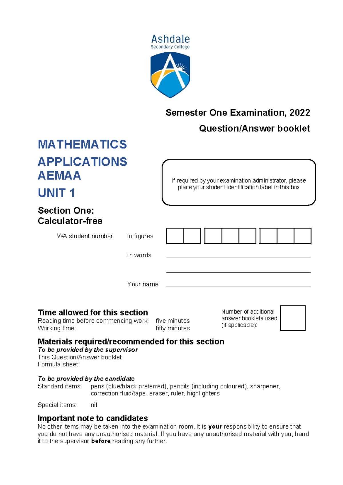 WAEP 2022 YR11 APPS U1 CF - Semester One Examination, 2022 Question ...