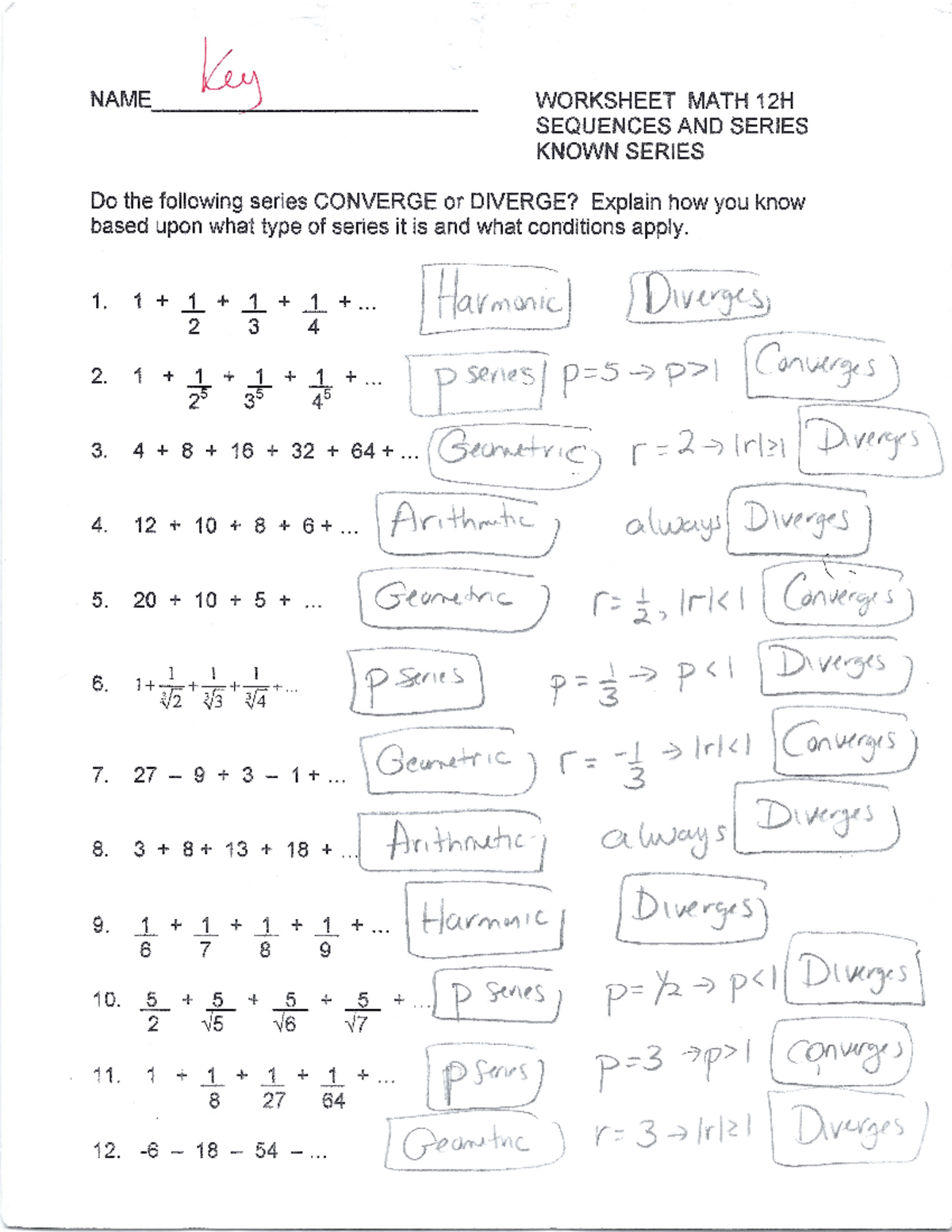 Known Series - k hv khv - NAME Key WORKSHEET MATH 12H SEQUENCES AND ...