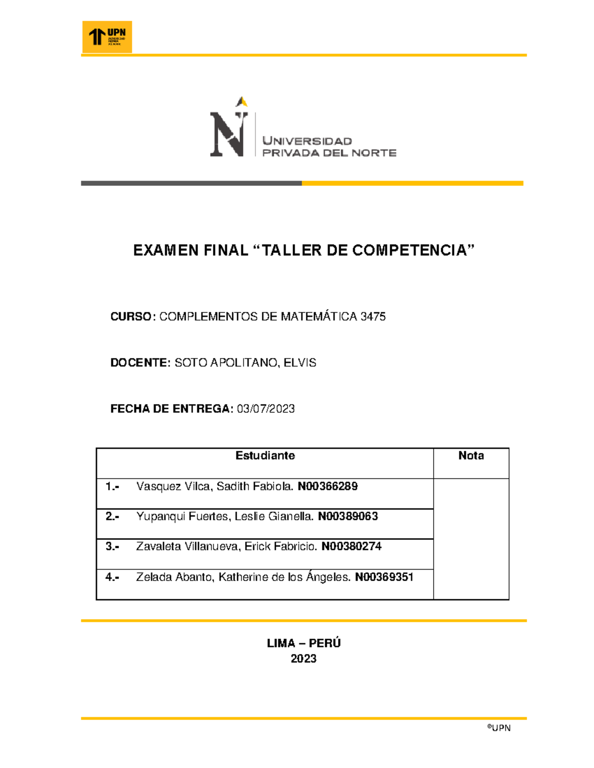 EF Commat Grupo 22 - EXAMEN - EXAMEN FINAL “TALLER DE COMPETENCIA” CURSO: COMPLEMENTOS DE ...