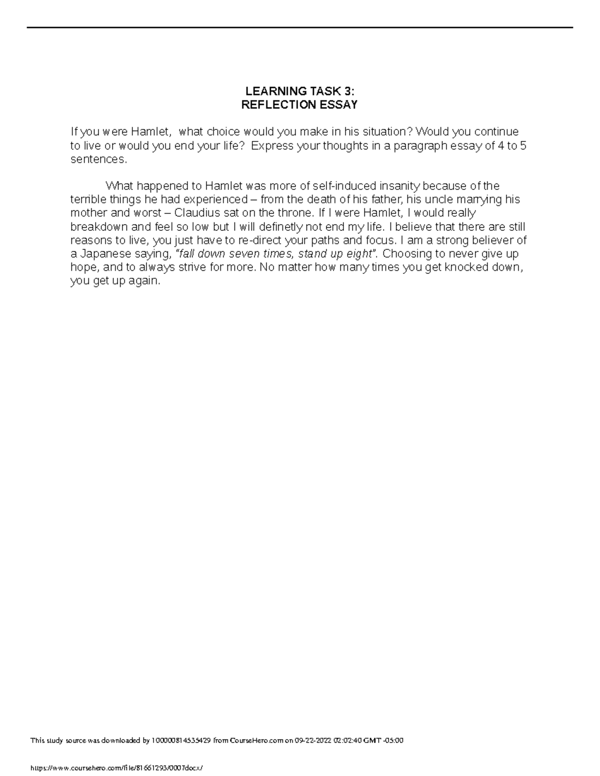 0007 - A material for health - LEARNING TASK 3: REFLECTION ESSAY If you ...