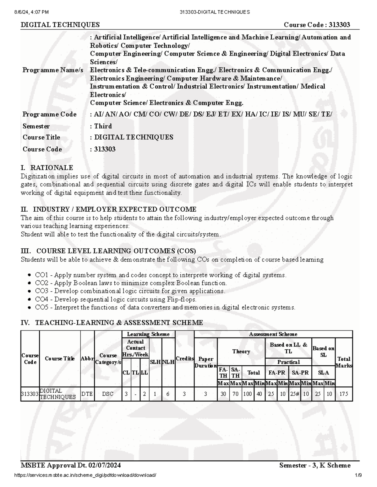 313303- Digital Techniques - DIGITAL TECHNIQUES Course Code : 313303 ...