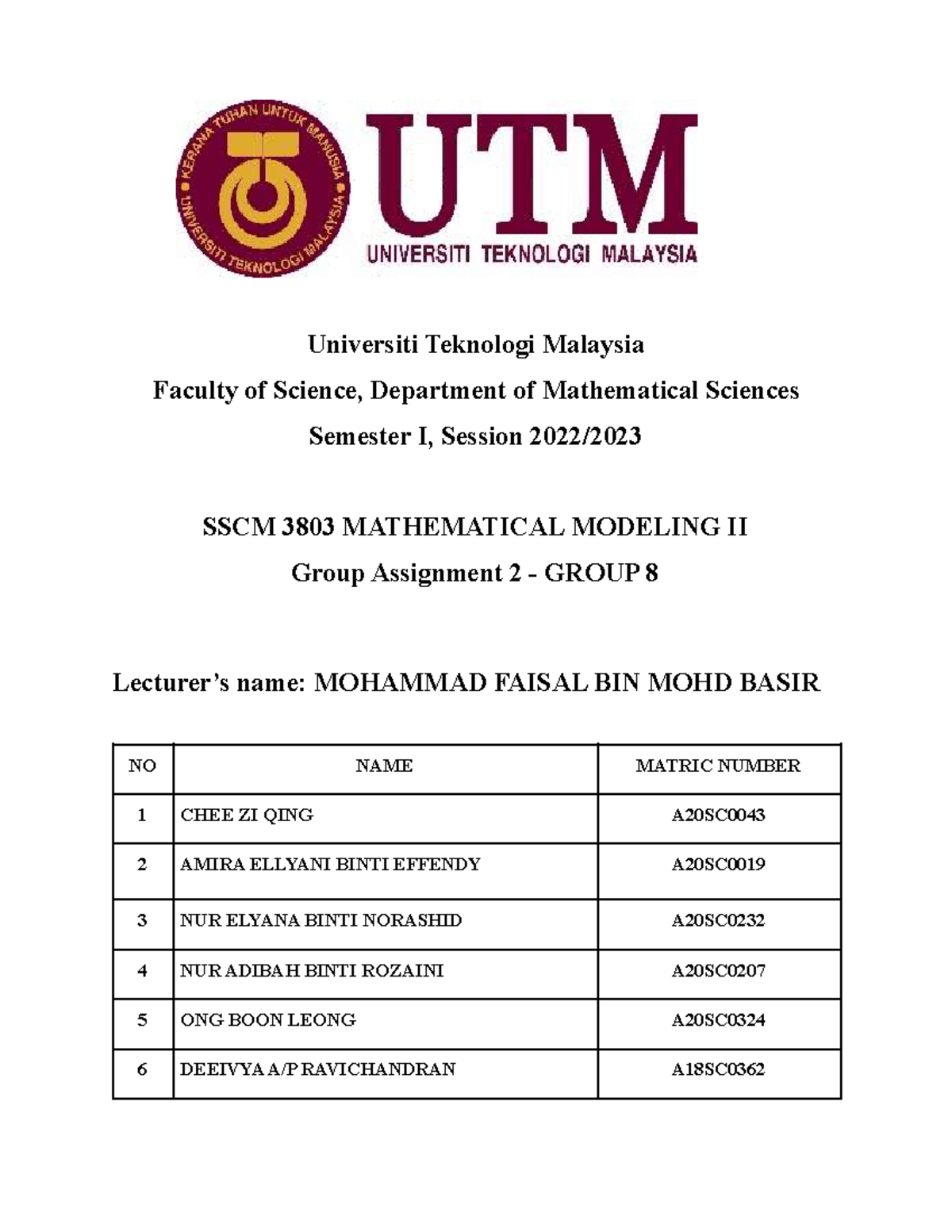 SSCM3808 Group Assignment 2 - Universiti Teknologi Malaysia Faculty of ...