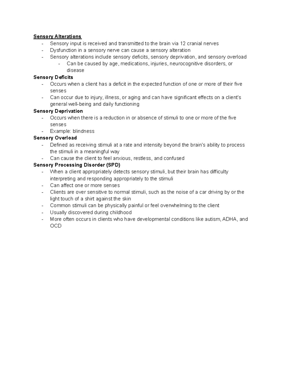 EF Sensory Perception - Dr.Williams class notes - Sensory Alterations ...