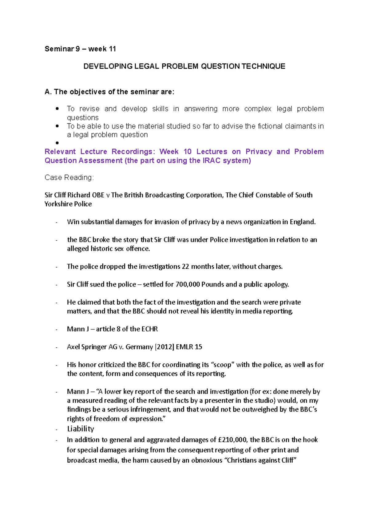 Torts Revision week 11 - Lecture notes 11 - Seminar 9 – week 11 ...