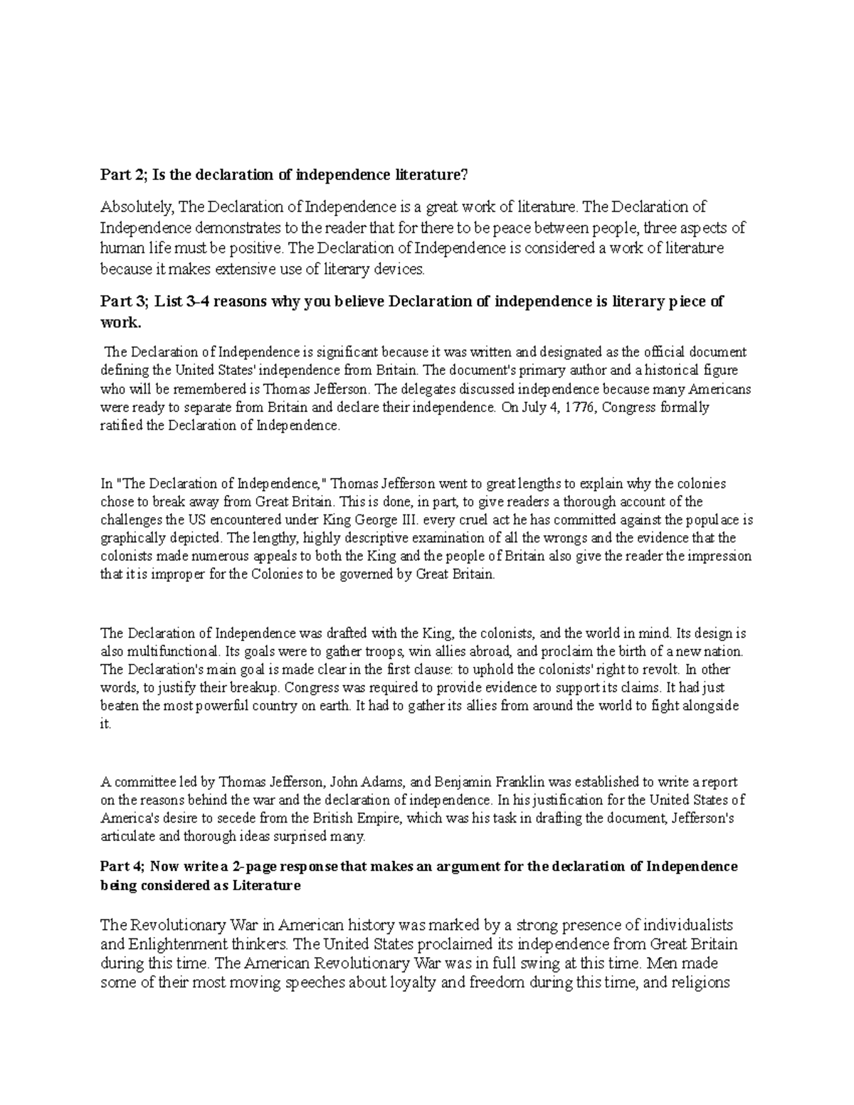 Declaration of Ind - essay - Part 2; Is the declaration of independence ...